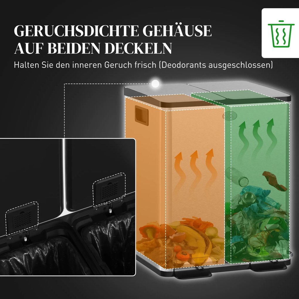 HOMCOM 2 x 20litrové dvojité odpadkové koše, otevírání pomocí pedálu, snadné čištění, nerezová ocel, plast, stříbrná barva