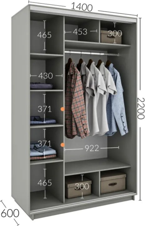 Skříň s posuvnými dveřmi 1400x2200x600 1LTD 1 Zrcadlo myší šedá, profil stříbrný