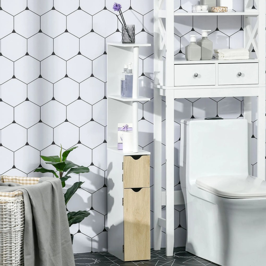 Kleankin koupelnový sloupek se 2 policemi a 2 skříňkami, vysoký úložný kabinet do koupelny v MDF, 15,2x29,8x118 cm, přírodní dřevo