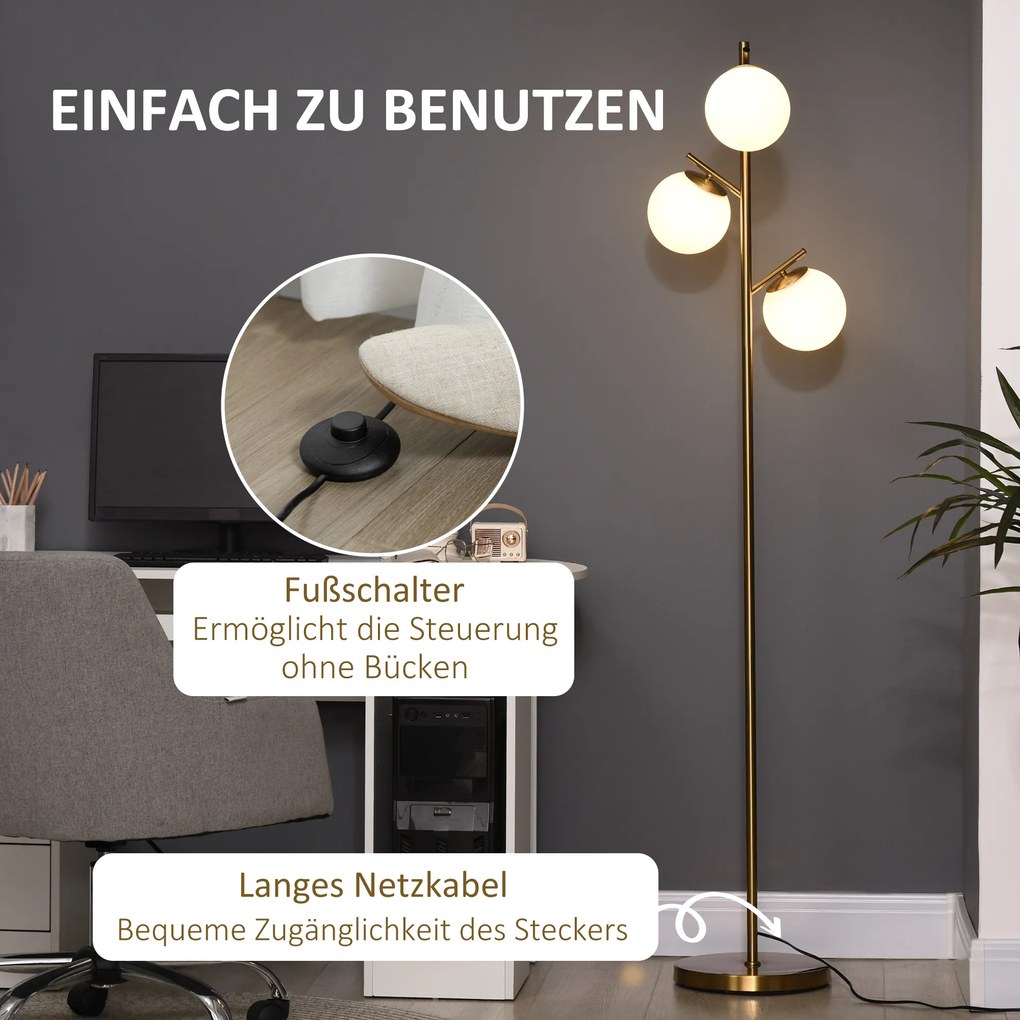 HOMCOM Stojací lampa v retro designu, stojací lampa, stojací lampa s 3 stínidly, sklo, zlatá