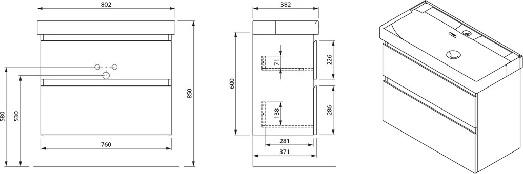 Aqualine Aqualine, ALTAIR umyvadlová skříňka 76x60x37cm, dub emporio, AI388