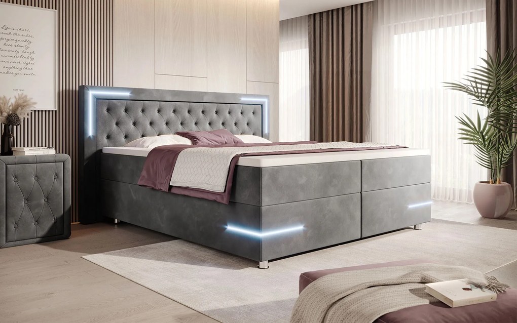 K&M postele Boxspring postel CARLOTTA bez úložného prostoru s LED Velikost postele: 200 × 200 cm, Výběr matrace: Oboustranná pružinová matrace - stře…