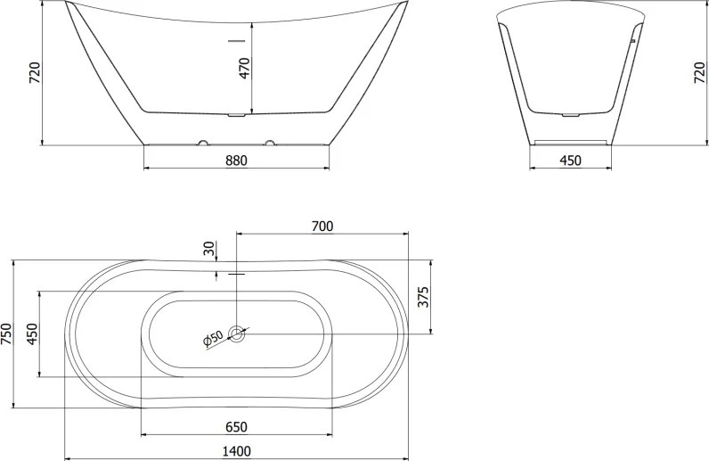 Mexen Lotos, volně stojící vana 140 x 75 cm, bílá/černá, zlatý matný přepad, 52051407775-55