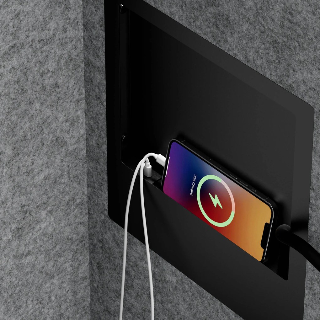 Kancelářská akustická kabina se sedátkem a USB-C portem, korpus černý / sedák šedá, 600 mm: SALLY MentalBox