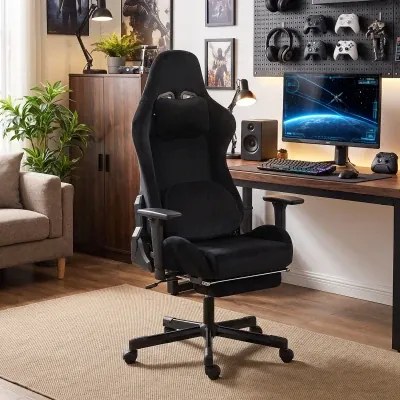 HOMCOM ergonomická masážní herní židle s vyhřívaným bederním polštářem, naklápěcí herní křeslo s lněným potahem, 4D opěrky rukou, černá
