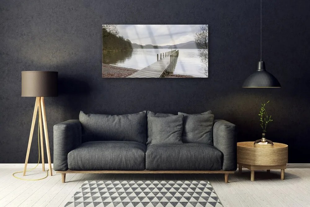 Obraz na skle Jezero Architektura Most 125x50 cm