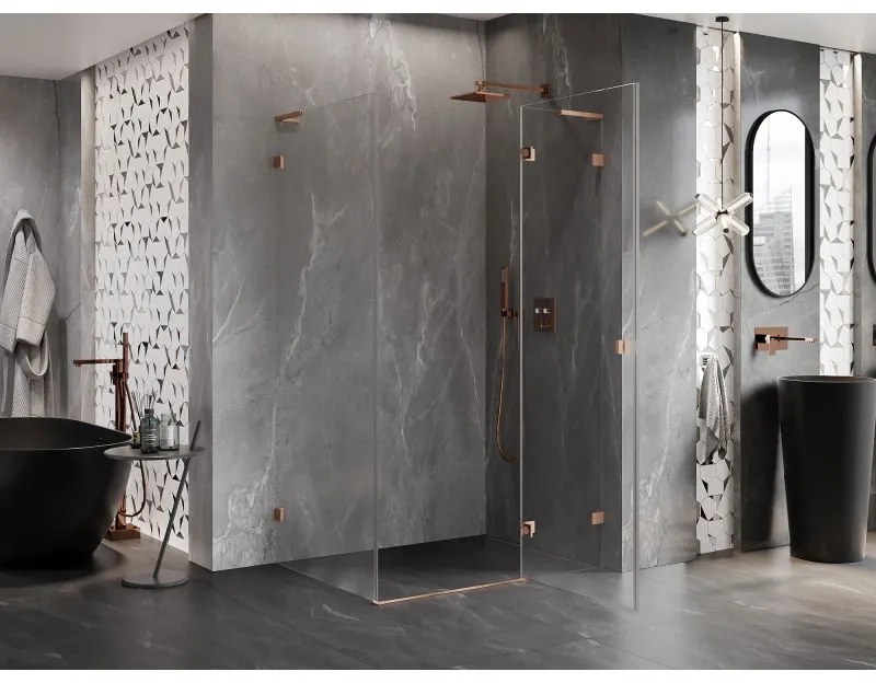 Mexen Lunar, L pravostranný výklopný sprchový kout 85 x 80 cm, 8mm čiré sklo, profil měděná matná, 834L-085-080-65-00-P