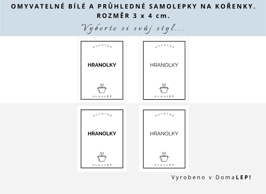 HRANOLKY - Samolepka na kořenky 3 x 4 cm - DomaLEP varianta: PRŮHLEDNÁ - tučné písmo