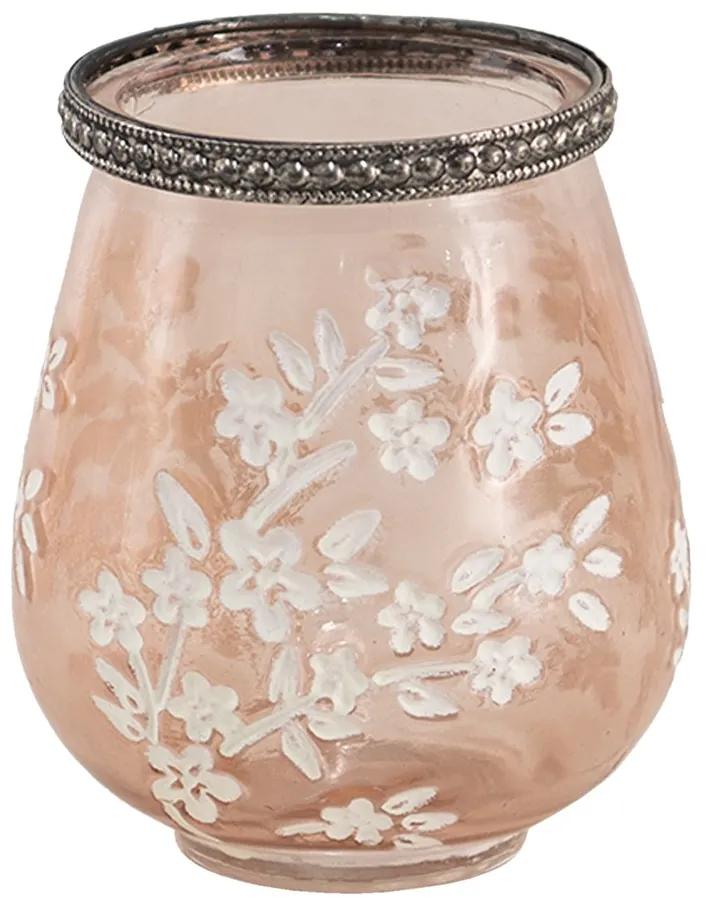 Béžovo-hnědý skleněný svícen na čajovou svíčku s květy Teane  - Ø 9*11 cm
