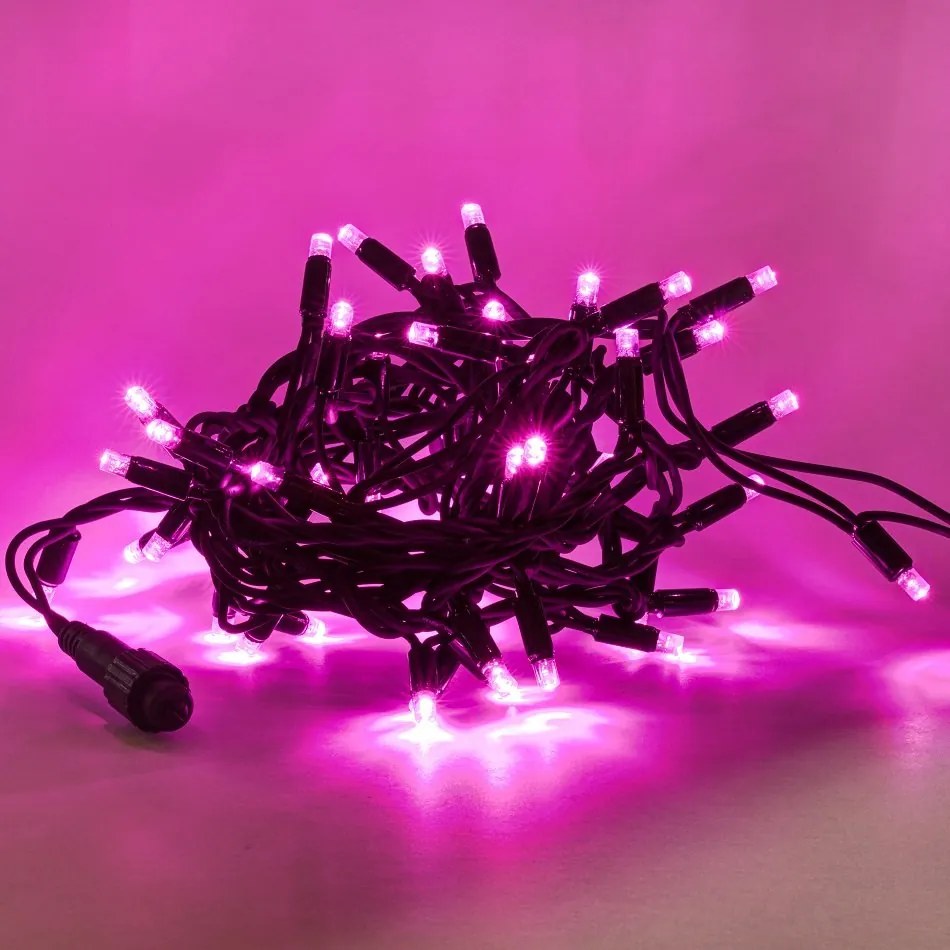Easy fix LED světelný řetěz, 5 m, venkovní, růžový, 50 diod, černý kabel, IP67