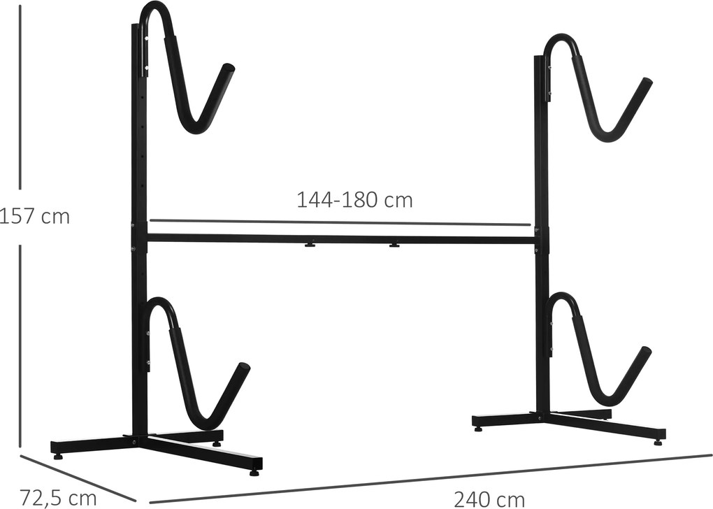SPORTNOW Držák na 2 kajaky, surfová prkna, pádla na stání, kovový rám, nastavitelná šířka 144-180 cm