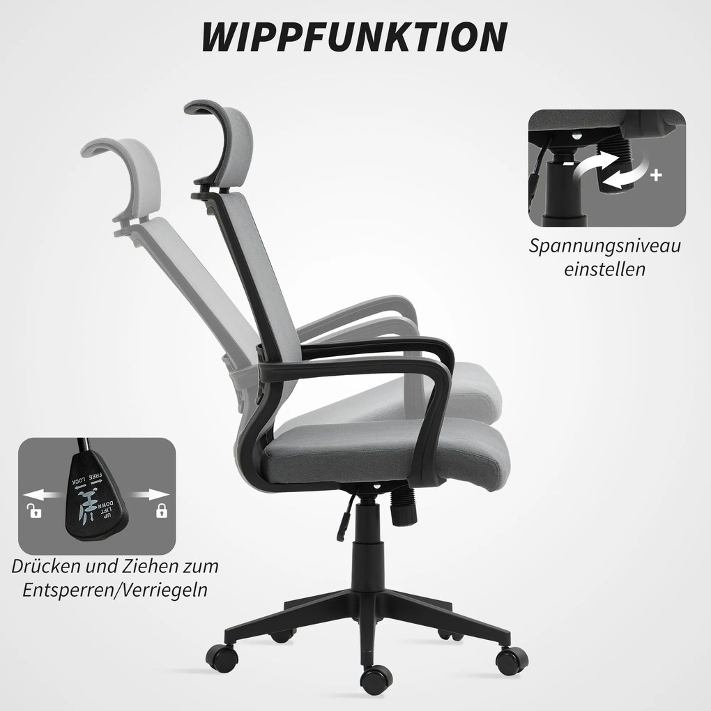 HOMCOM Kancelářská židle, ergonomická stolní židle s opěrkami, opěrkou hlavy, výškově nastavitelná otočná židle s houpací funkcí, počítačová židle s …