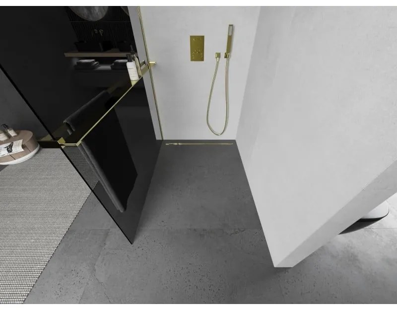 Mexen Kioto+ L, sprchová zástěna Walk-In s poličkou a věšákem 90 x 200 cm, 8mm šedé sklo, zlatý lesklý profil, 800-090-123-50-40