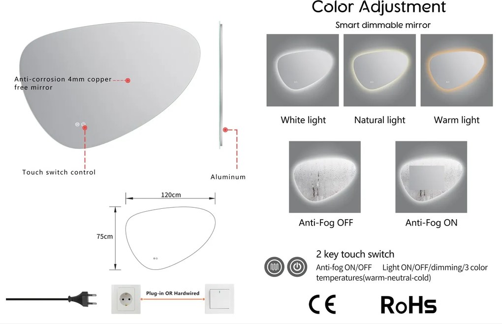Erga Amelia, asymetrické LED zrcadlo 120x75 cm, 3 barvy světla, zadní osvětlení, ERG-V01-407-1275-00
