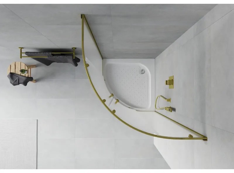 Mexen Rio, čtvrtkruhový sprchový kout 70(dveře)x70(dveře)x190 cm, 5mm sklo námraza, zlatý profil + bílá sprchová vanička RIO, 863-070-070-50-30-4710