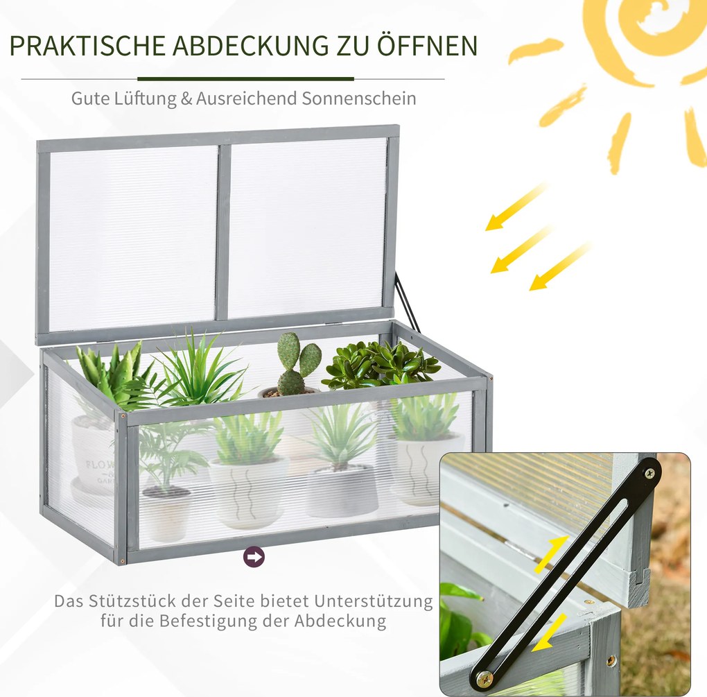 Outsunny skleník s krytem, odolný proti povětrnostním vlivům, ze dřeva a polykarbonátu, šedý, 90x46x40cm| Aosom
