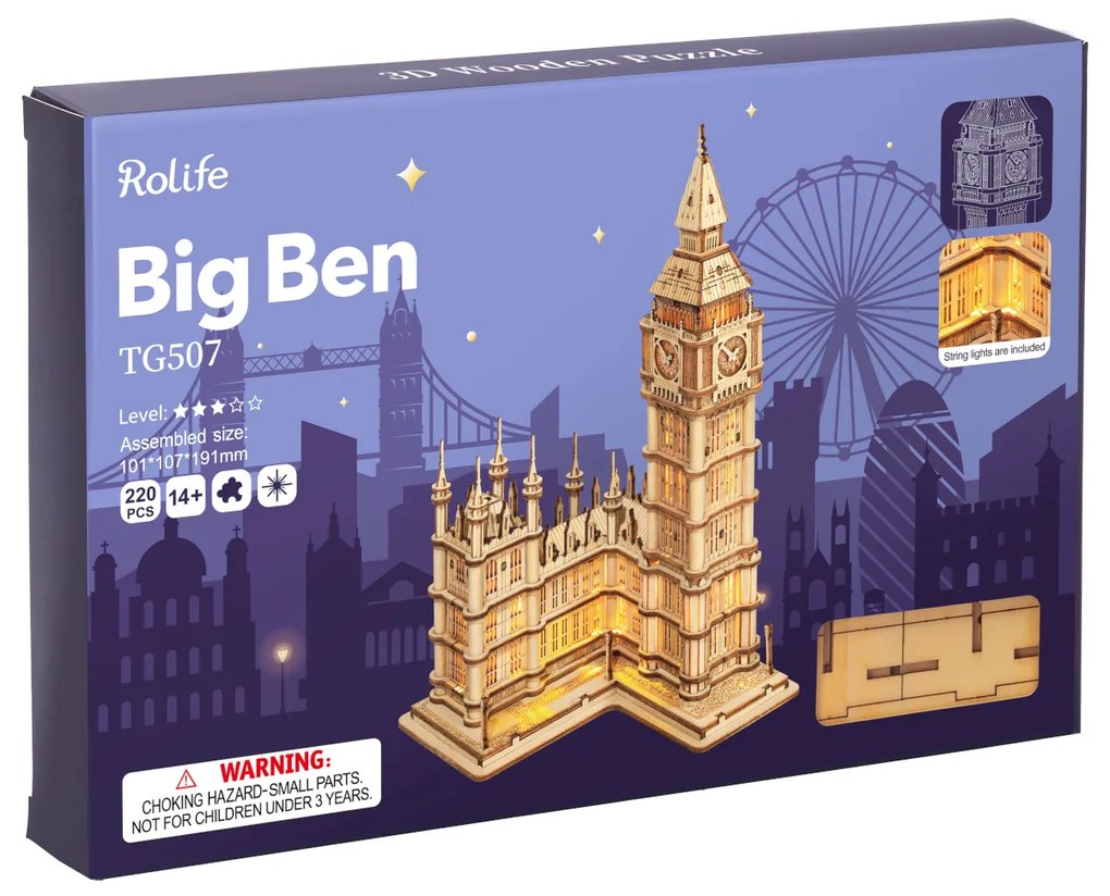 RoboTime 3D dřevěná skládačka Big Ben svítící