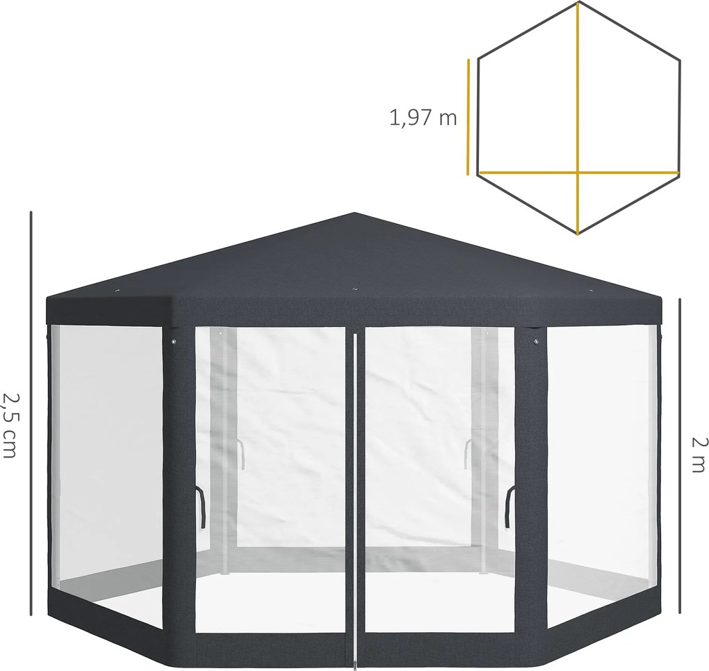 Zahradní altán Outsunny 4x4 m s moskytiérou, 6stranný, párty stan z polyesteru a kovu, tmavě šedý pro zahradní párty | Aosom.de