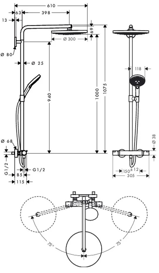 Hansgrohe Raindance Select S, Showerpipe 300 2jet s termostatem, bílá/chromová, HAN-27133400