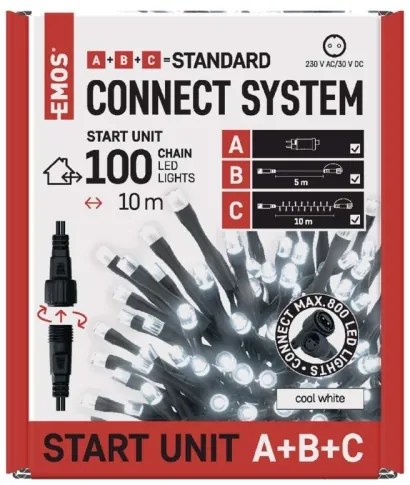 Propojovací vánoční řetěz se zdrojem EMOS Connecting D1AC01 ZY2278 startovní sada pro spojovací řetězy 10m studená bílá