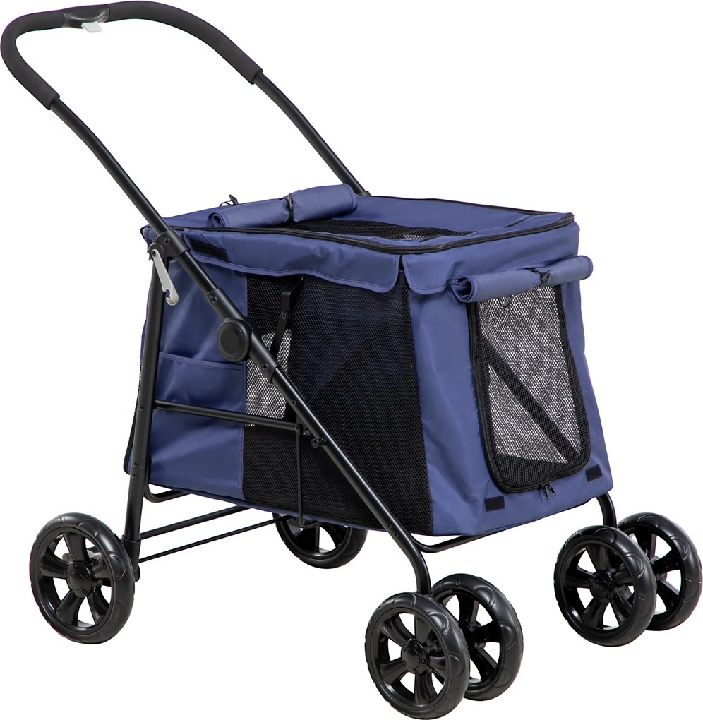 PawHut Kočárek pro Psy, Skládací Psí Buggy, Psí Trolej se Polstrováním, Kočárek pro Kočky do 20 kg, Kočárek pro Malé a Střední Psy s Bočními Kapesmi,