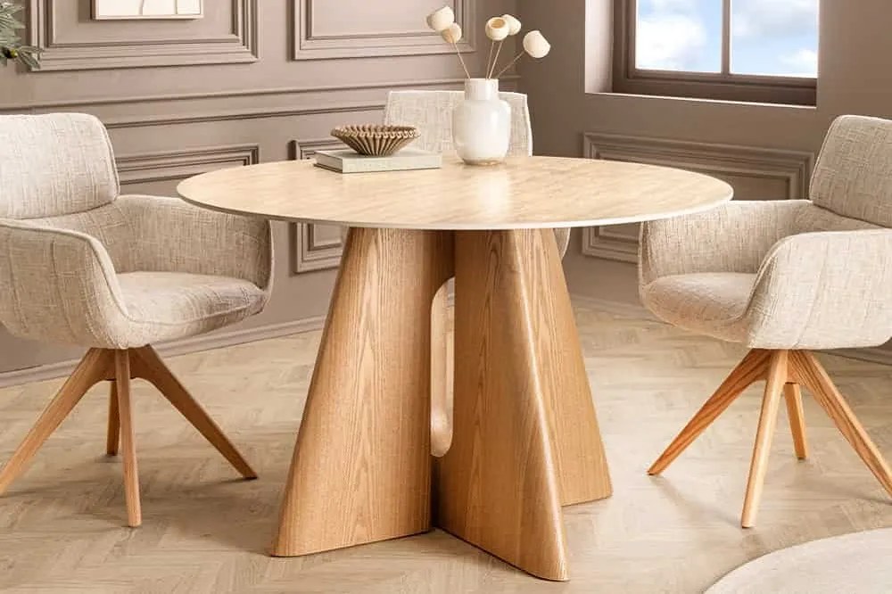 Kulatý keramický jídelní stůl Yenibeth 120 cm travertin / dub