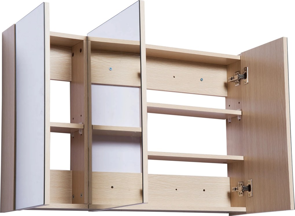Koupelnová skříňka s zrcadlem kleankin - moderní skříňka se zrcadlem a 3 dveřmi s nastavitelnými policemi pro koupelnu a ložnici, 90x60x13.5 cm, dub
