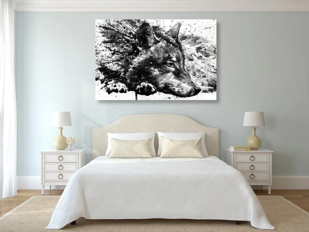 Obraz vlk v akvarelovém provedení v černobílé barvě - 120x80 cm