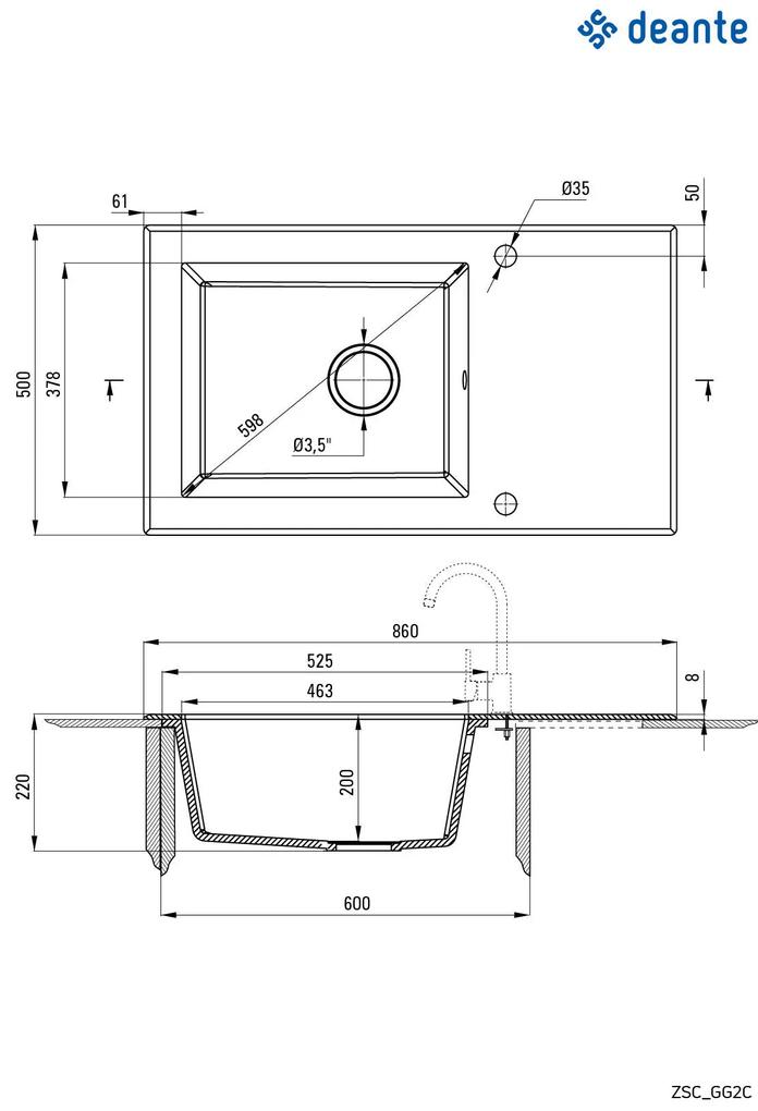 Deante Capella sklo-granitový dřez 860x500x220 mm + prostorově úsporný sifon, 1-komorový, sklo - černá, ZSC_GX2C
