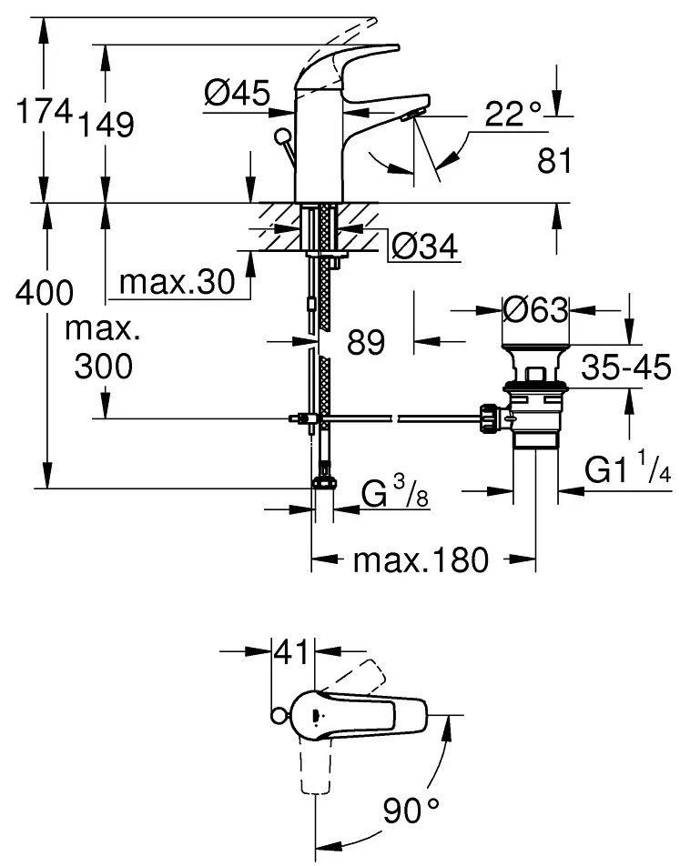 GROHE Start Curve - Páková umyvadlová baterie, velikost S, chrom 23765000