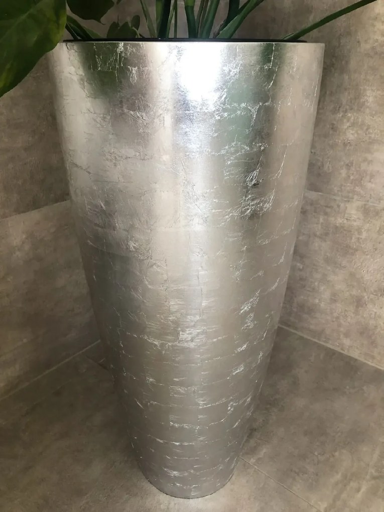 Květináč CITY, sklolaminát, výška 80 cm, stříbrný lesk
