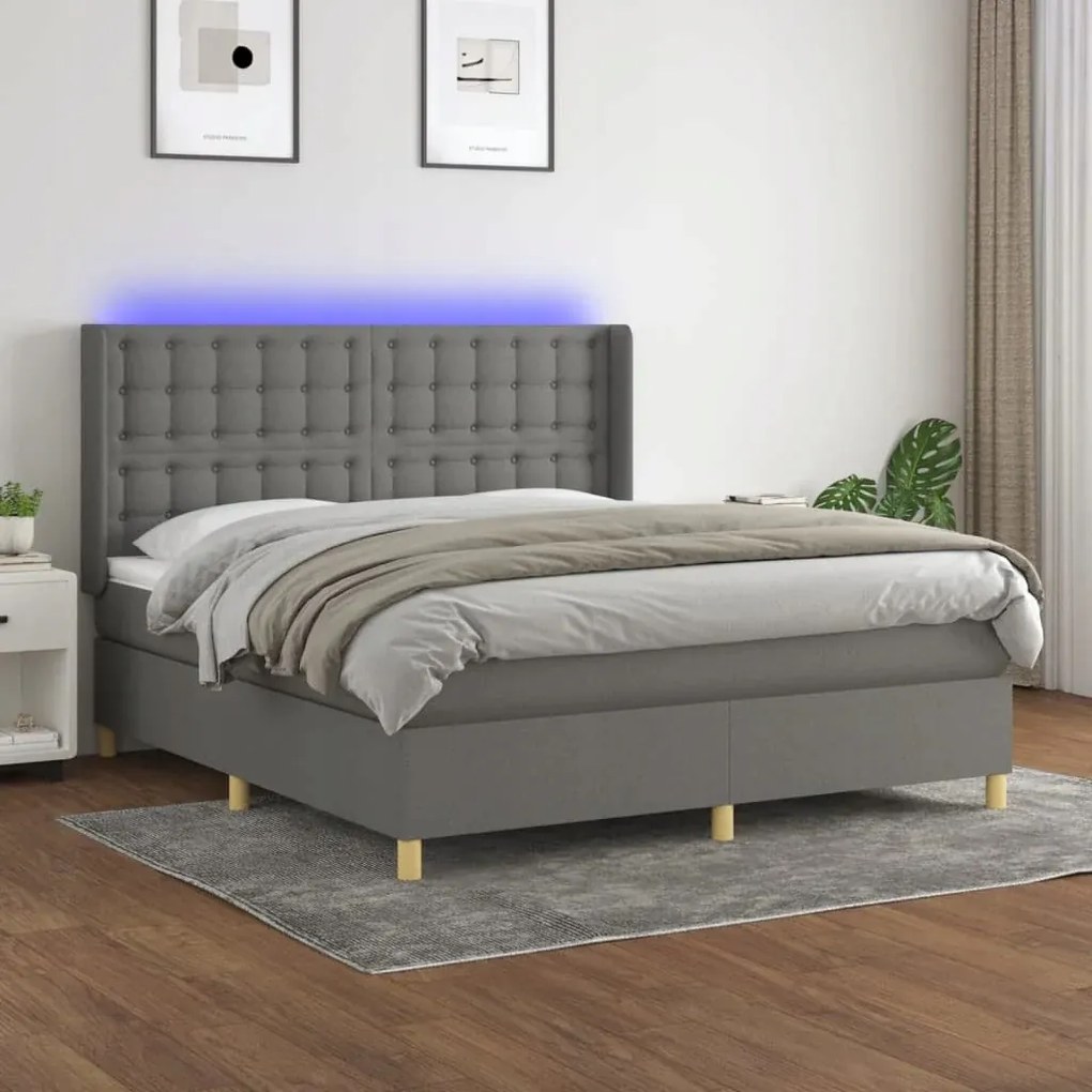 Box Spring Postel S Matrací A Led Textil Tmavě Šedá tlačítka 160 x 200 cm