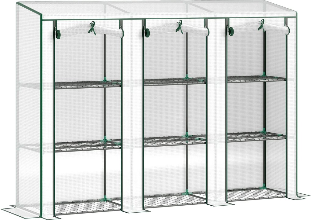 Outsunny 3patrový PVC zahradní skleník s ocelovým rámem, 2 rolovacími dveřmi — 215 x 46 x 151 cm, bílý | Aosom