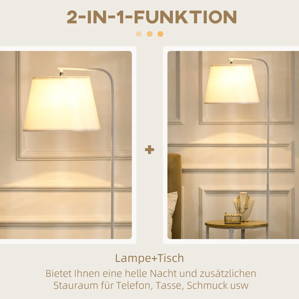 HOMCOM Stojací lampa 162 cm 40 W Stojací lampa se 2 policemi a plátěným stínidlem z bílého kovu do obývacího pokoje a ložnice