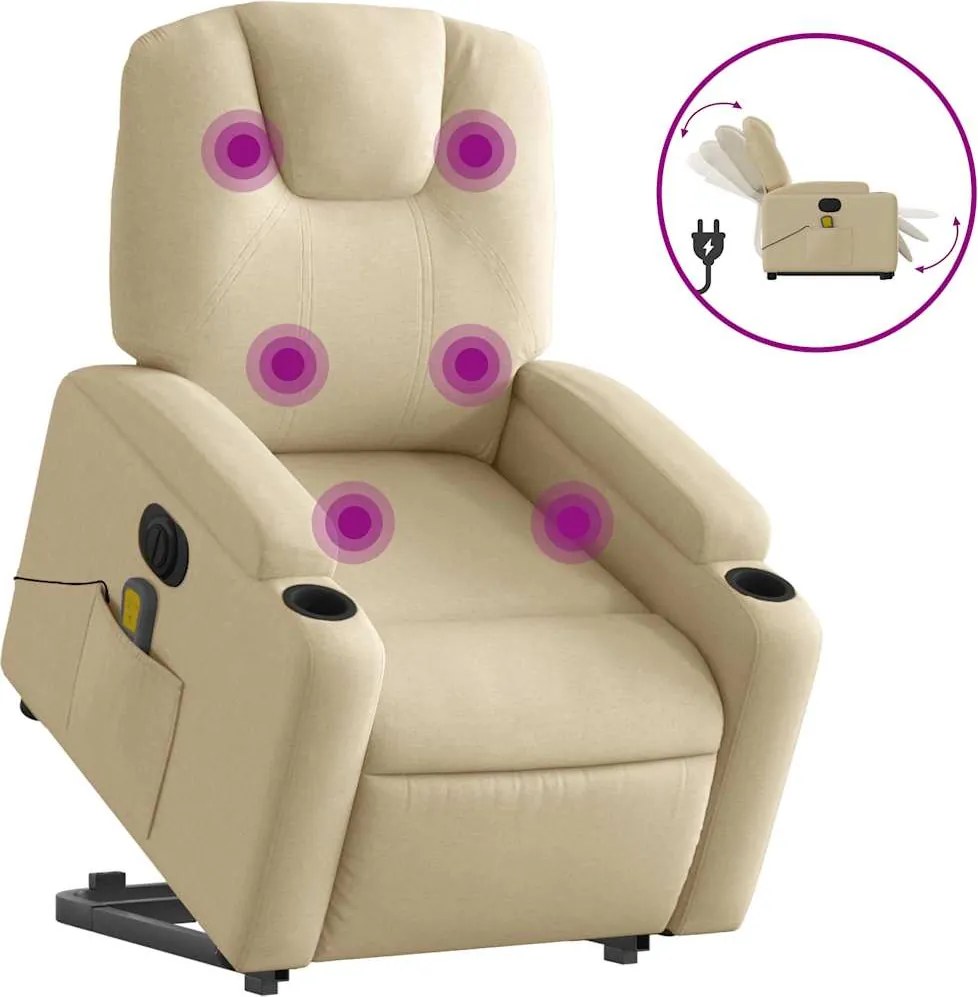 Elektrické zvedací masážní polohovací křeslo krémové textil 3204413