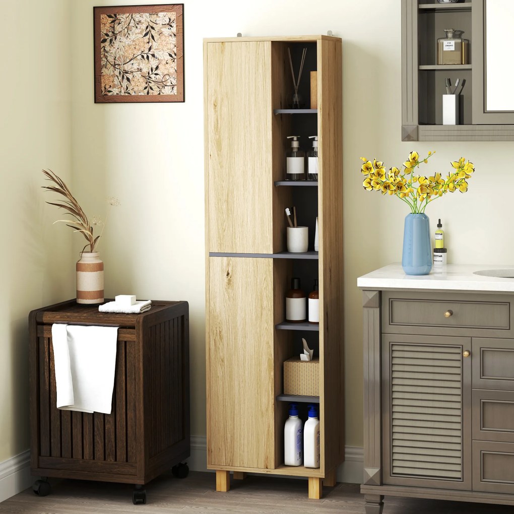 HOMCOM Koupelnová sloupková skříň, Koupelnová skříň s 6 otevřenými přihrádky a 2 skříněmi, rozměry 40Š x 24H x 148V cm, přirodní dřevo