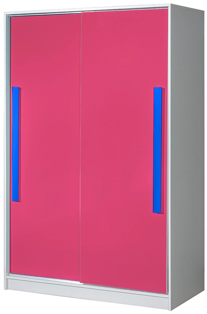 Šatní skříň s posuvnými dveřmi GULIVER 12 Domel 120/191/60 barva: bílý mat/tyrkys lesk/fialové úchyty