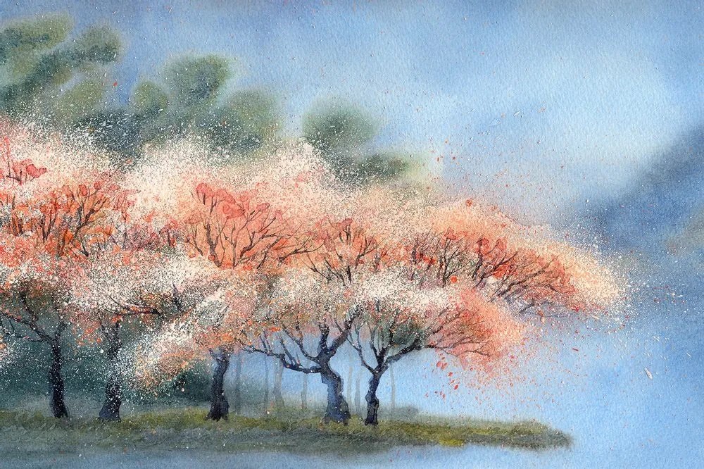Tapeta akvarelové kvetoucí stromy - 225x150 cm