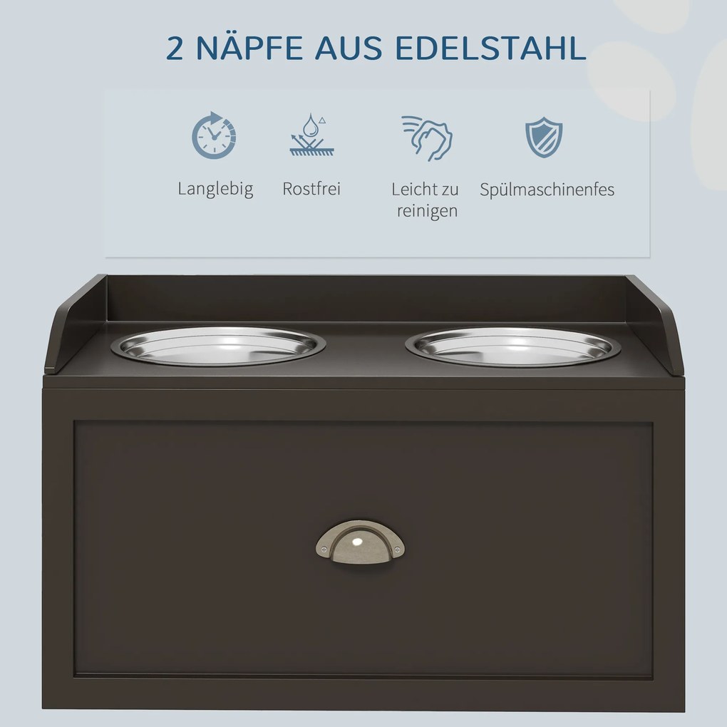 Miska pro psy PawHut, 2 x 2 litry, vyvýšená miska se zásuvkou, miska z nerezové oceli, krmná stanice pro velké psy, káva