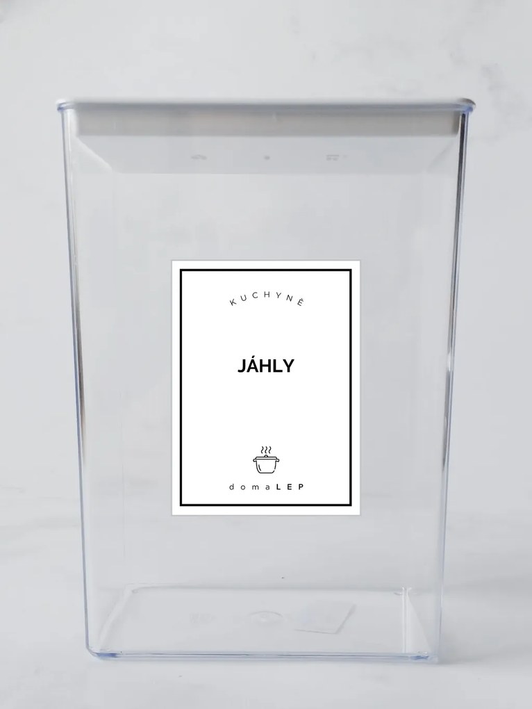 JÁHLY – bílá samolepka na dózu, tučné písmo, 6 × 8 cm | DomaLEP