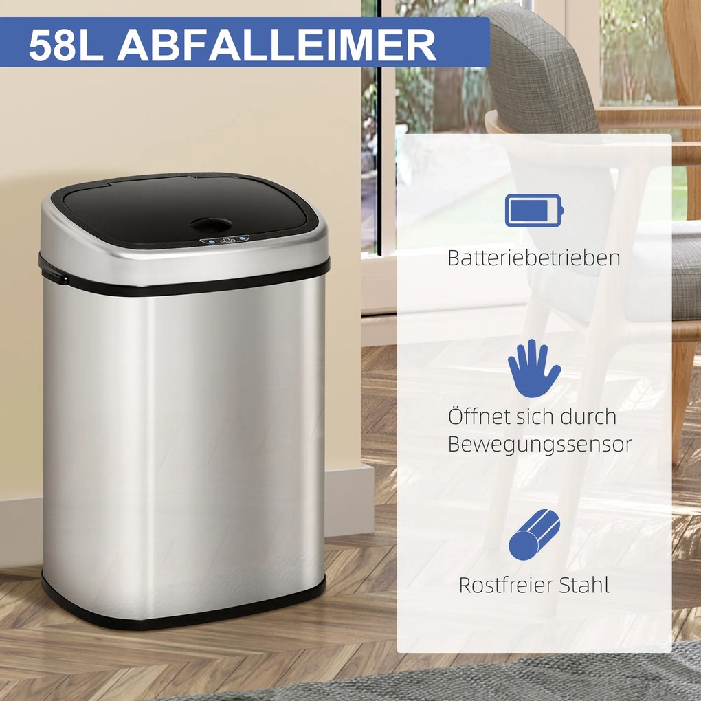 HOMCOM Odpadkový koš 58L, automatický odpadkový koš s infračerveným senzorem, hygienický, velký, nerezová stříbrná, D40,9xŠ28,9xV68 cm
