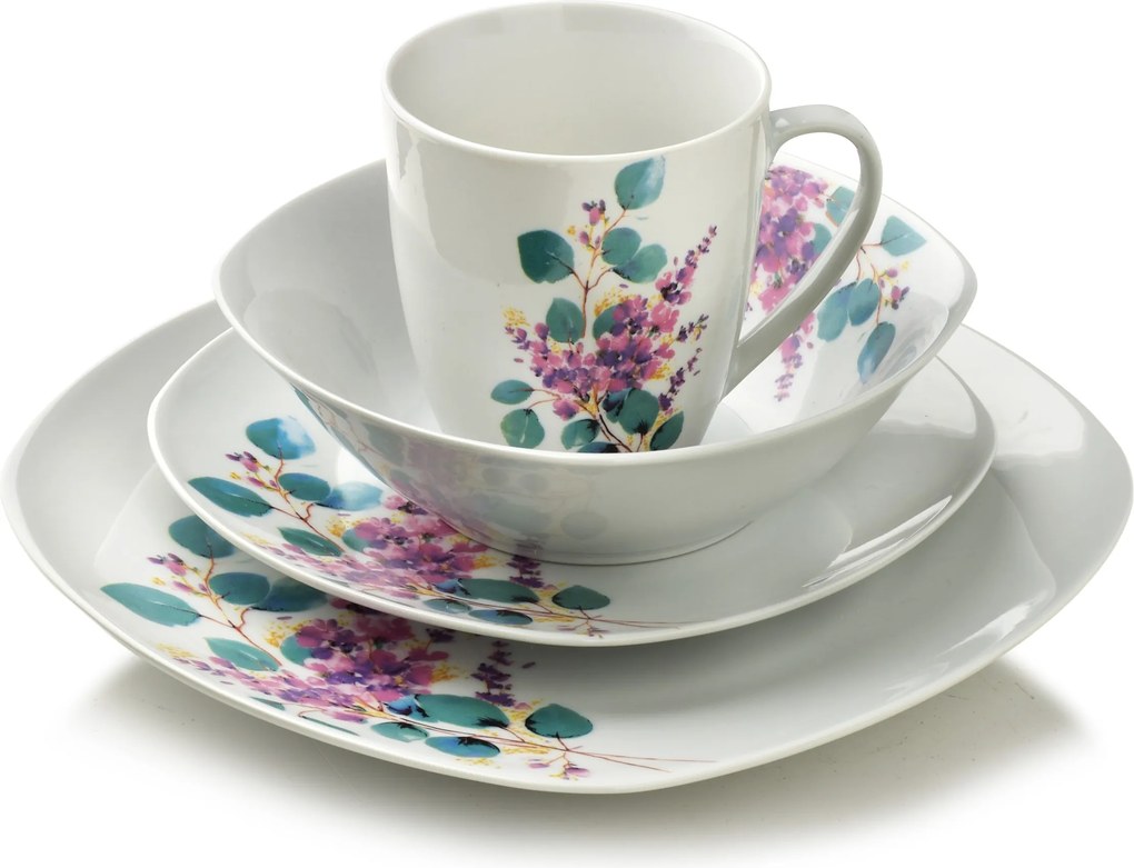 Porcelánová jídelní sada s hrníčkem LEA Lavender 16 ks bílá/fialová