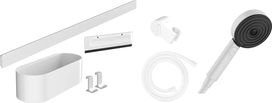 Hansgrohe WallStoris, sada ruční sprcha 105 3jet Activation EcoSmart, nástěnná tyč 700 mm, odkládací set, bílá matná, HAN-24291700