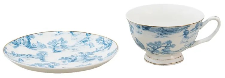Bílo-modrý porcelánový šálek s podšálkem ok – 10x6 / 15x2 cm