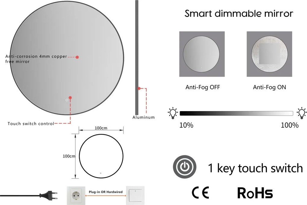 Erga Emma, kulaté LED zrcadlo 100cm, černý kovový rám, 2300 lm, 6500K, zadní osvětlení, ERG-V01-201-1010-BK