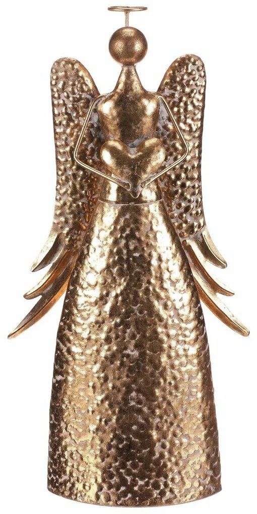Vánoční kovová dekorace Anděl 42 cm se srdcem, zlatá, 42 cm