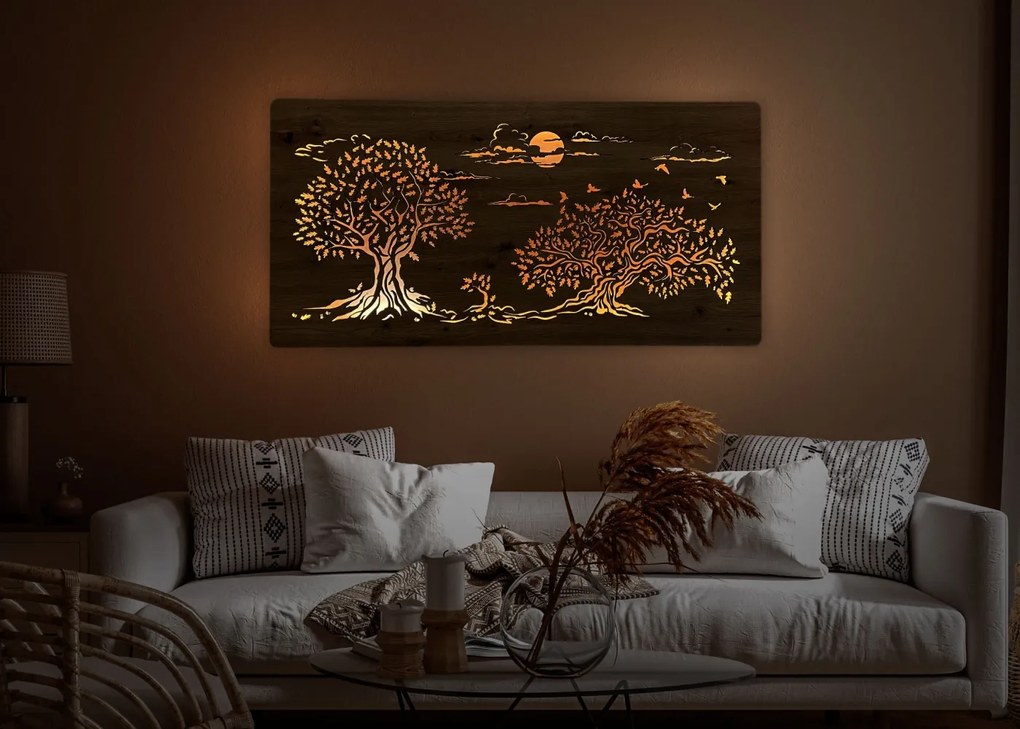 Li-Go "Tři duby" světelný obraz s baterií 120x60cm varianta: ovládání na obraze bez dálkového ovladače, provedení: bříza