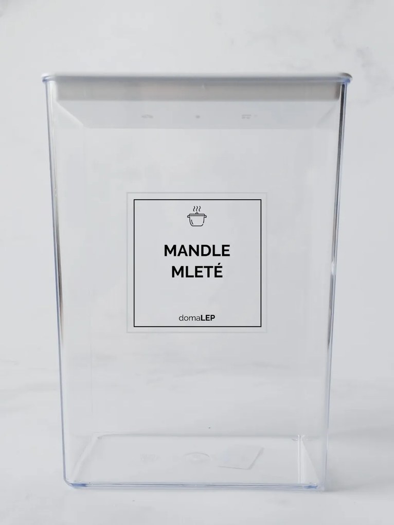 MANDLE PLÁTKY – průhledná samolepka na dózu, tučné písmo, 5 x 5 cm | DomaLEP