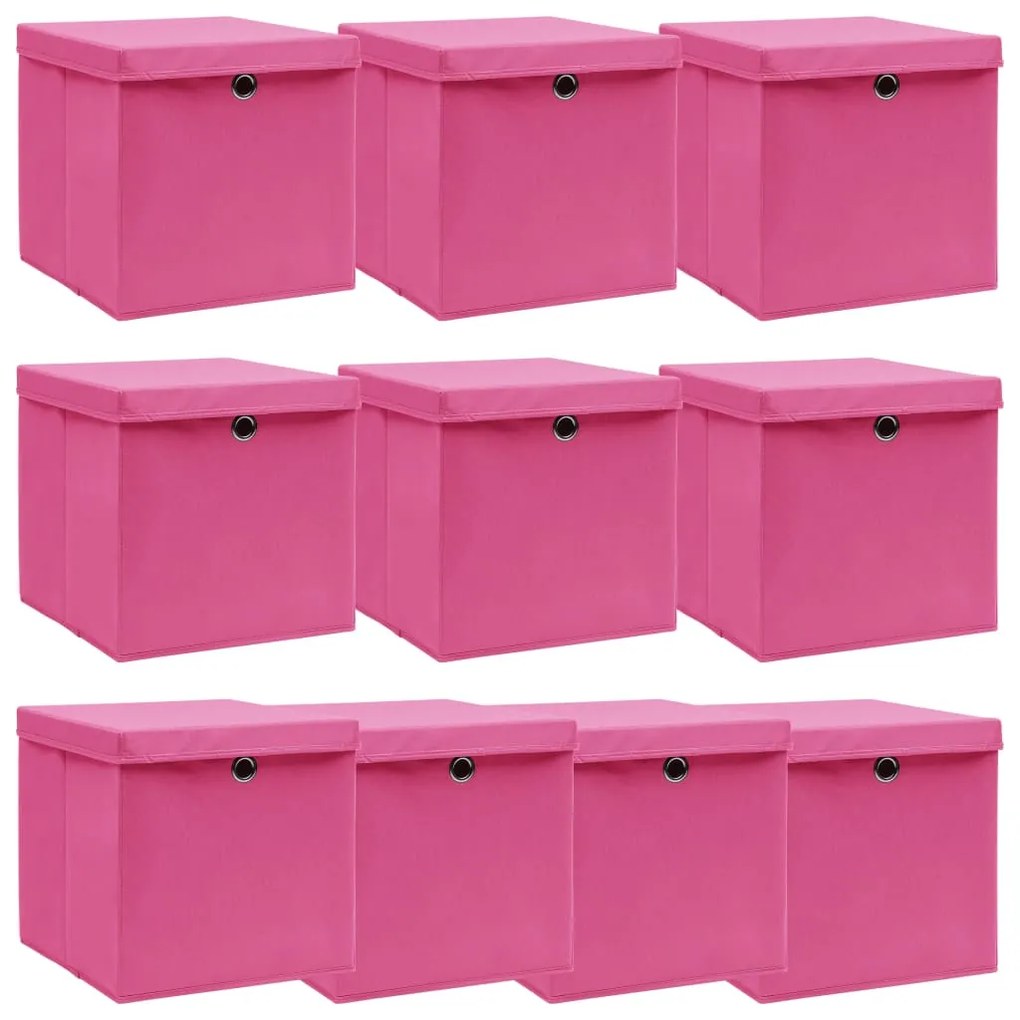 Úložné boxy s víky 10 ks růžové 32 x 32 x 32 cm textil 288348