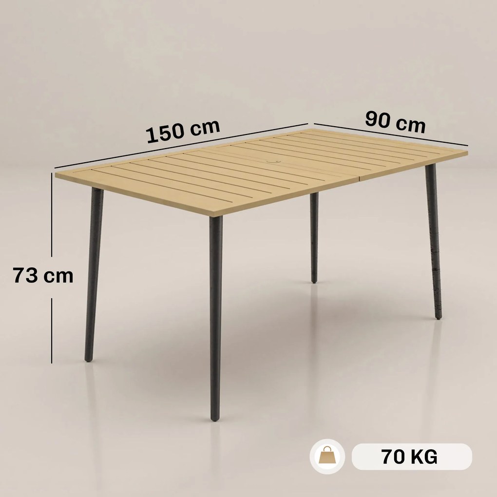 Outsunny Zahradní stůl 150x90cm, ocelový balkonový stůl odolný proti povětrnostním vlivům, balkonový stůl s otvorem pro slunečník hnědý